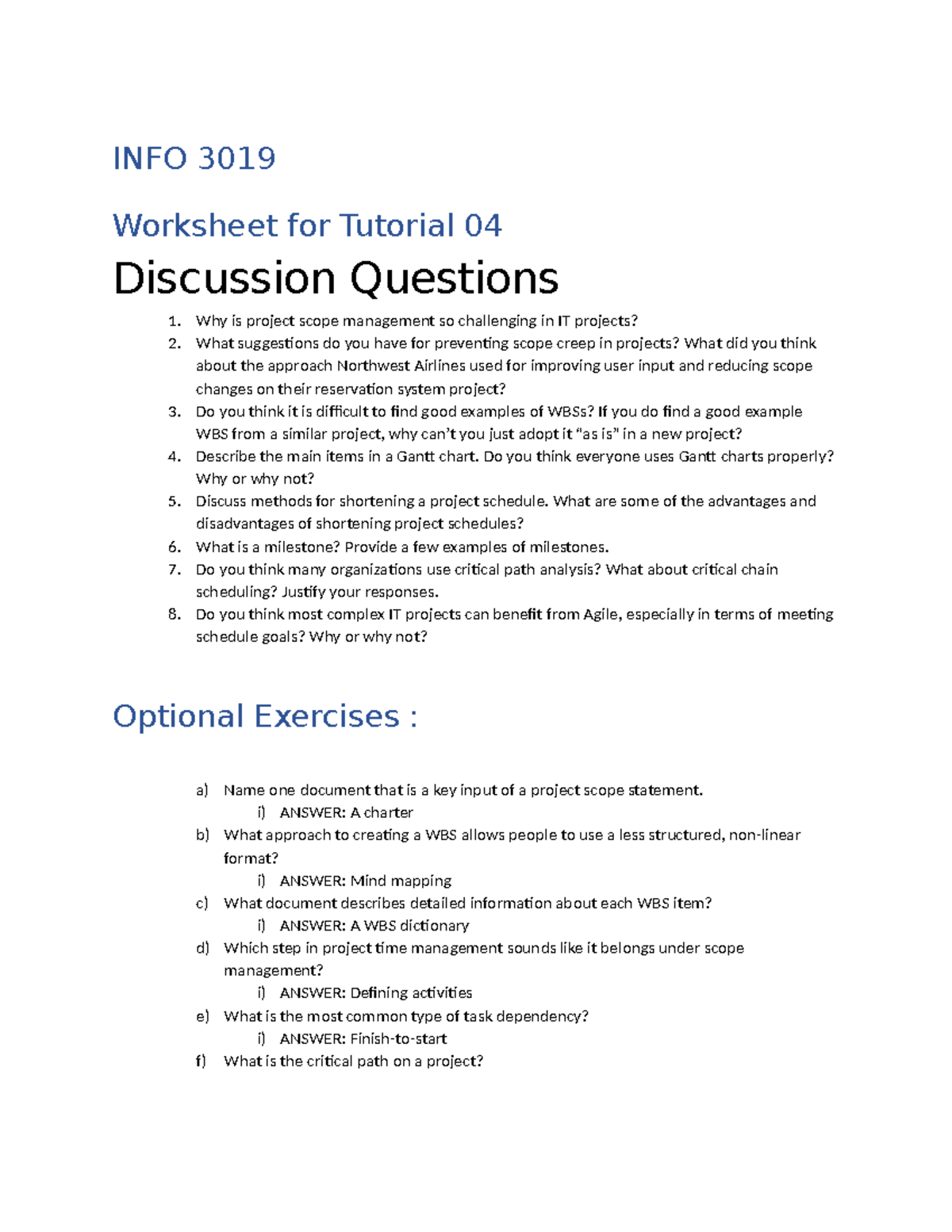 INFO 3019 - Tutorial 04: Challenges in Project Scope Management - Studocu