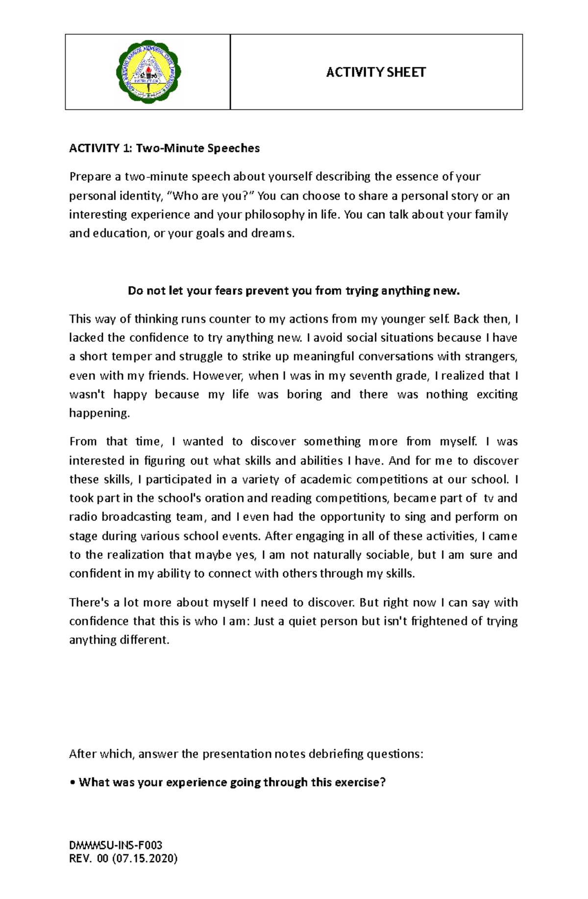 WHO ARE YOU - Essence of Personal Identity - ACTIVITY SHEET ACTIVITY 1 ...