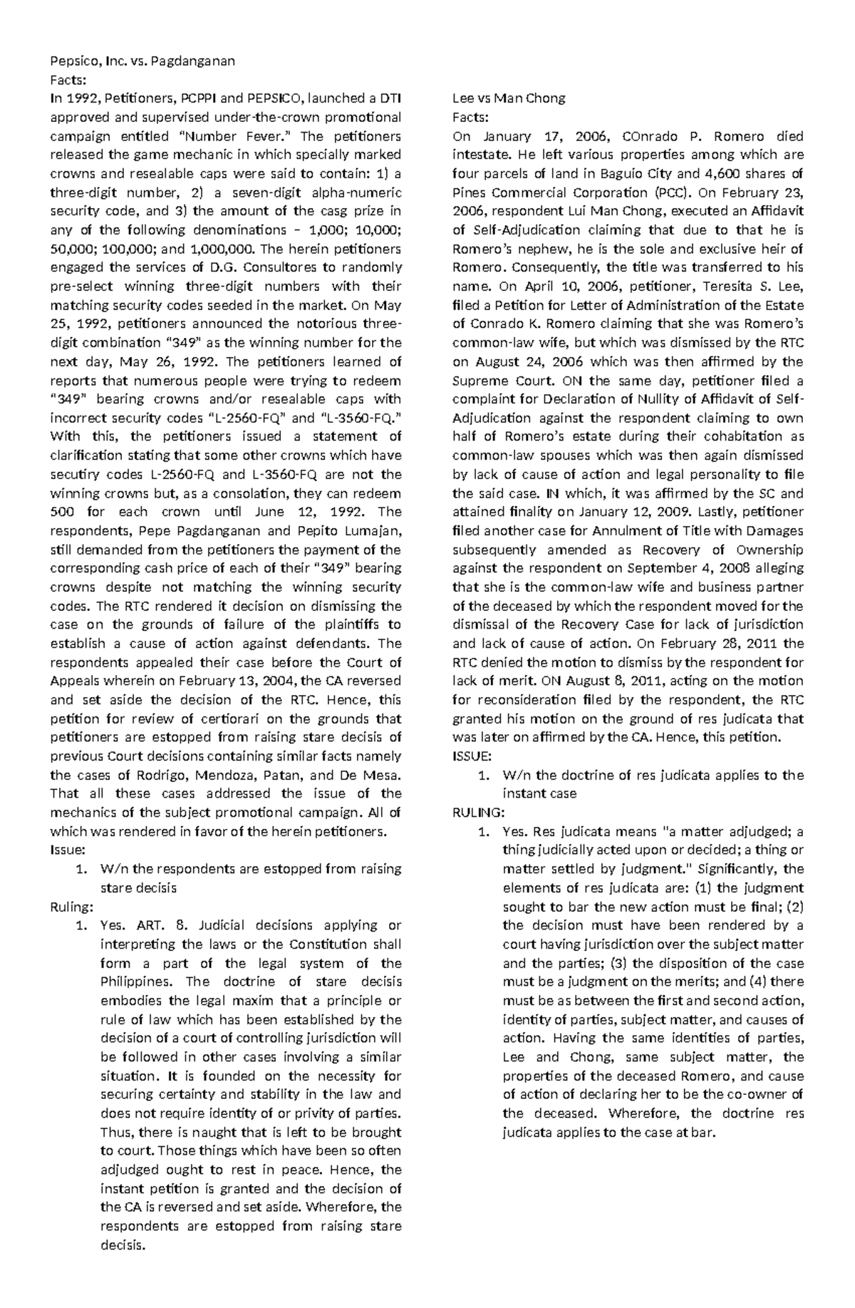 Statcon-1 Digests - Pepsico, Inc. vs. Pagdanganan Facts: In 1992, Petitioners, PCPPI and PEPSICO ...