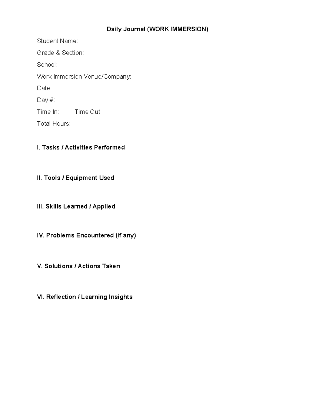 Daily Journal Template for Work Immersion Activities - Studocu