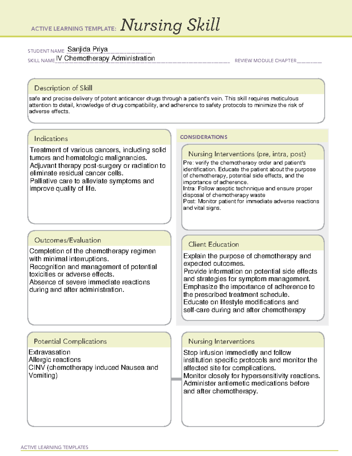 Nursing Skill IV: Chemotherapy Administration Template for Review - Studocu