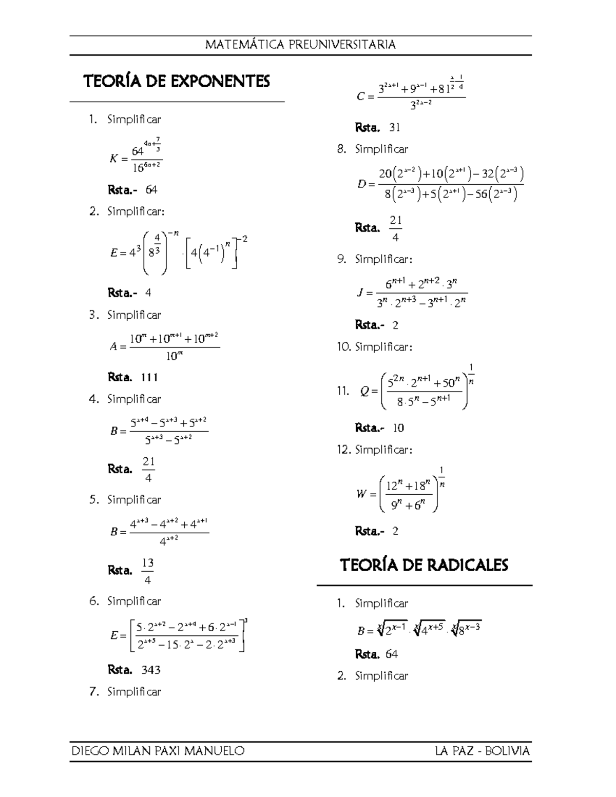 MATEMÁTICA PREUNIVERSITARIA: TEORÍA DE EXPONENTES Y LOGARITMOS - Studocu