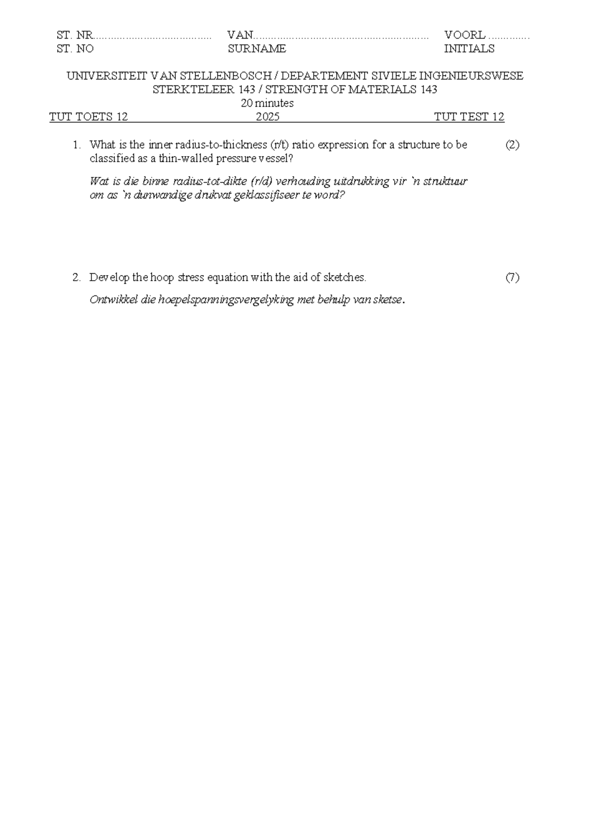 Tut Test 12 2025 - Strength of Materials 143 - Studocu