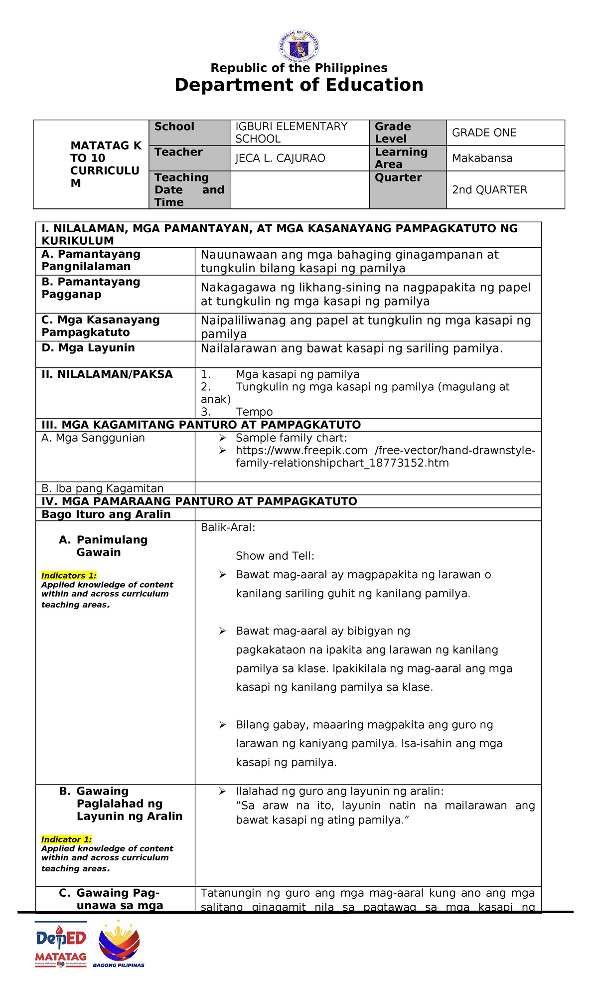 Lesson Plan for MATATAG K-10 with Indicators and Annotations - Studocu