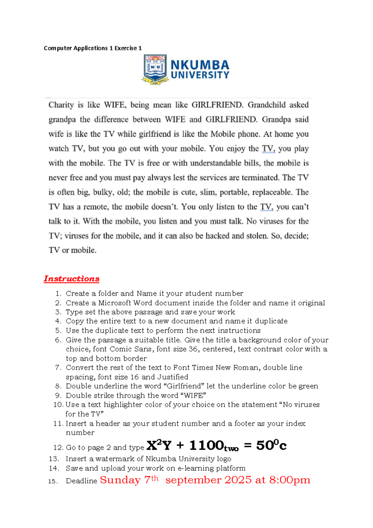 ICT 101 Exercise 1: Microsoft Word Formatting Instructions - Studocu