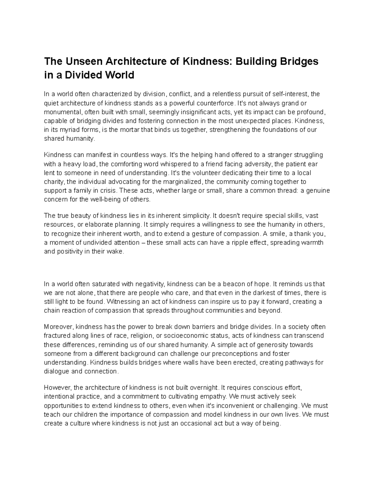 The Unseen Kindness: Building Bridges in a Divided World Essay - Studocu