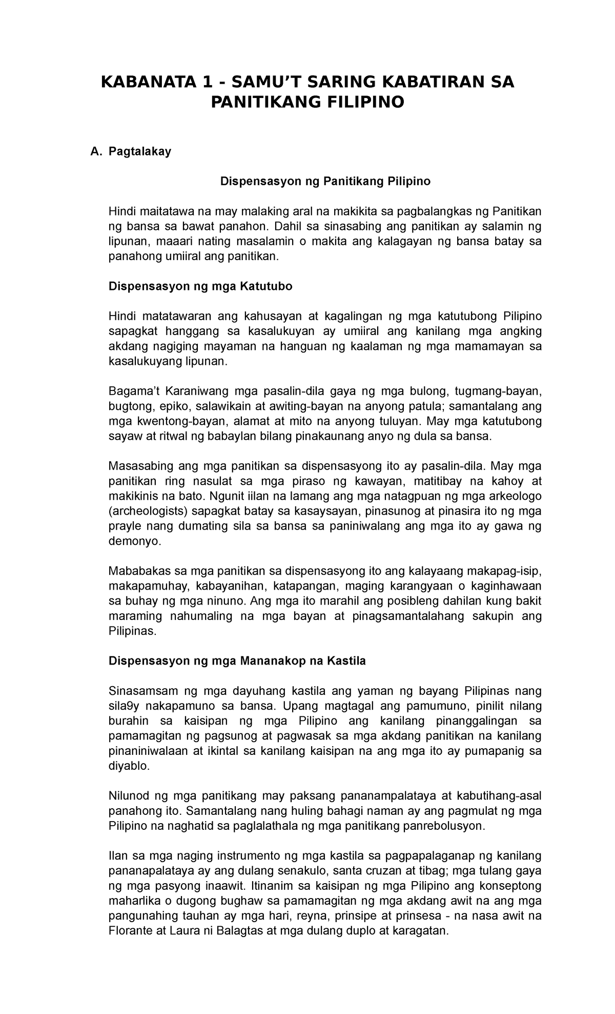 Modyul 2 - Despinsasyon ng Panitikang Filipino - KABANATA 1 - SAMU’T SARING KABATIRAN SA ...