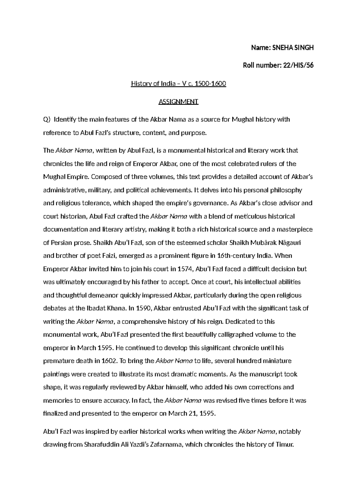 HIS 22: Assignment on Akbar Nama by Abul Fazl - Features & Analysis ...