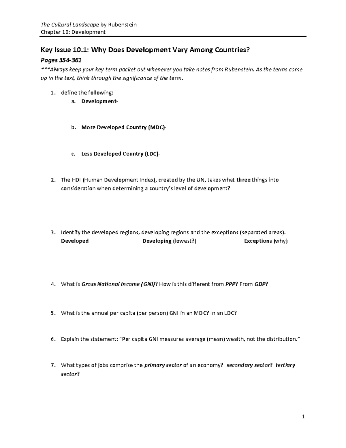 Chapter 10 Development - Key Issue 10: Why Does Development Vary Among Countries? Pages 354 ...