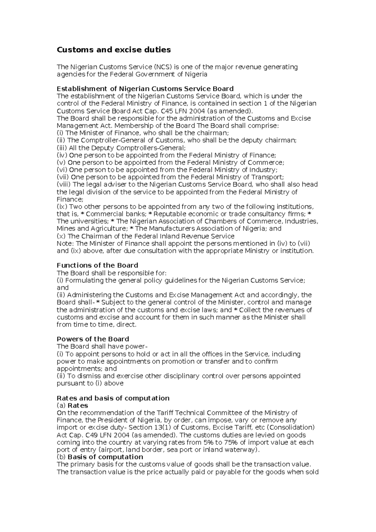 NCS 101: Overview of Customs and Excise Duties in Nigeria - Studocu