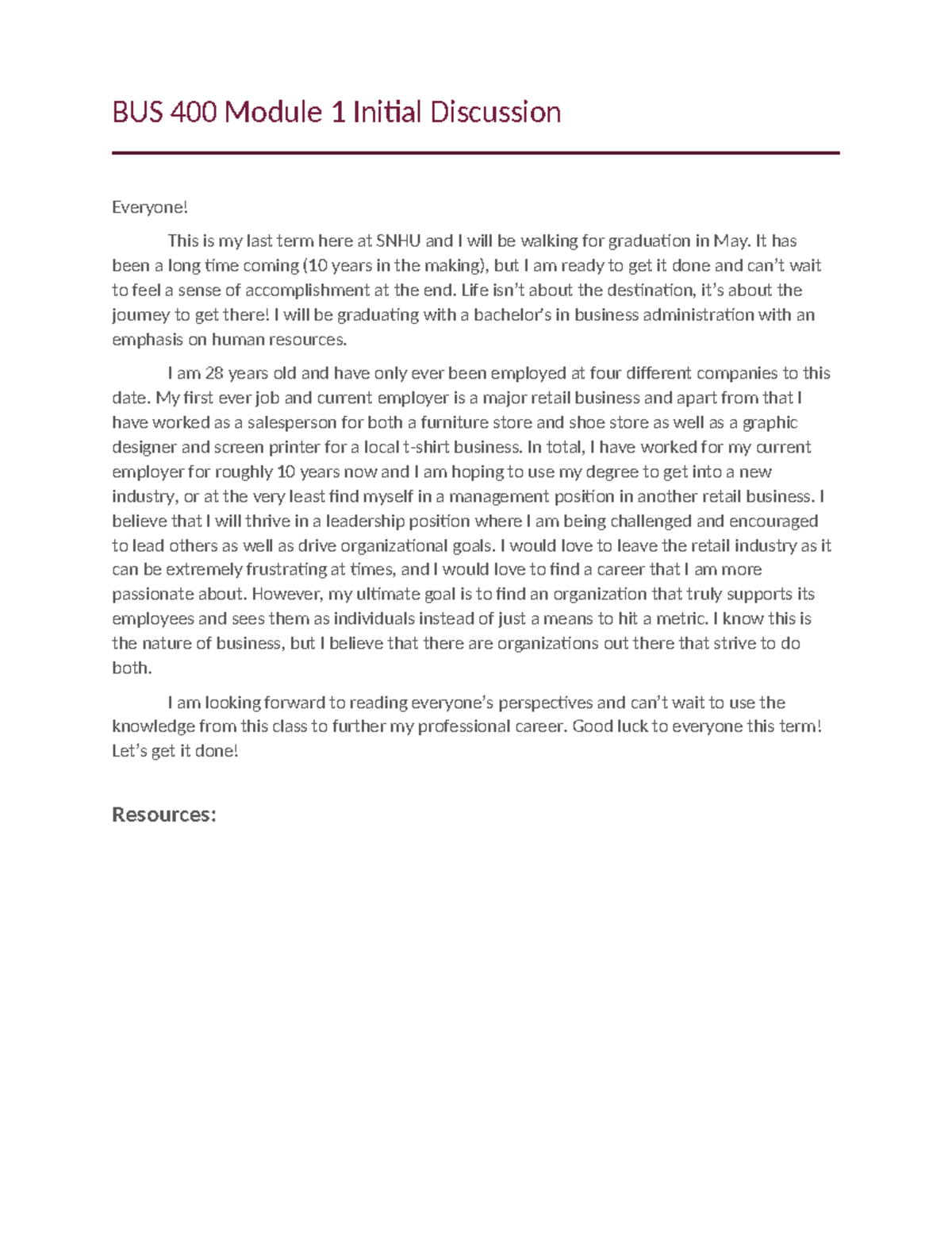 BUS 400 Module 1 Initial Discussion Notes & Responses - Studocu