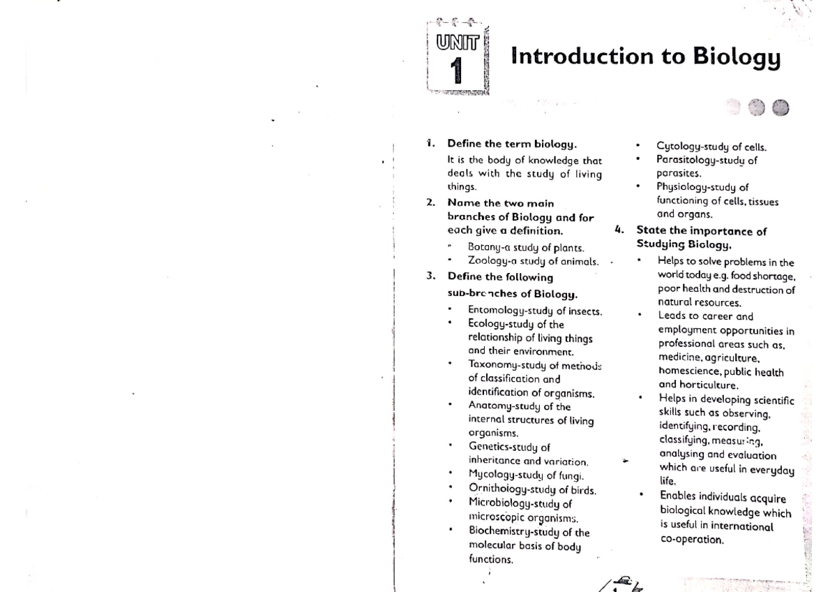 Biology Study Notes: Form 1 & 2 Key Concepts and Definitions - Studocu