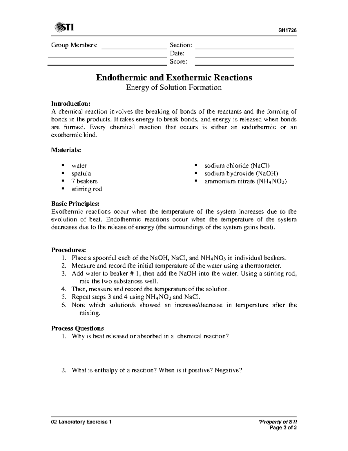 02 Lab Exercise 1: Endothermic vs Exothermic Reactions Analysis - Studocu