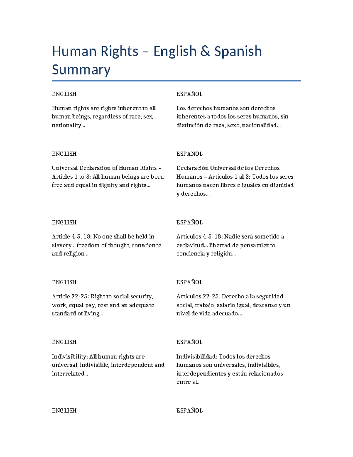 Human Rights Bilingual Summary: English & Spanish Overview - Studocu
