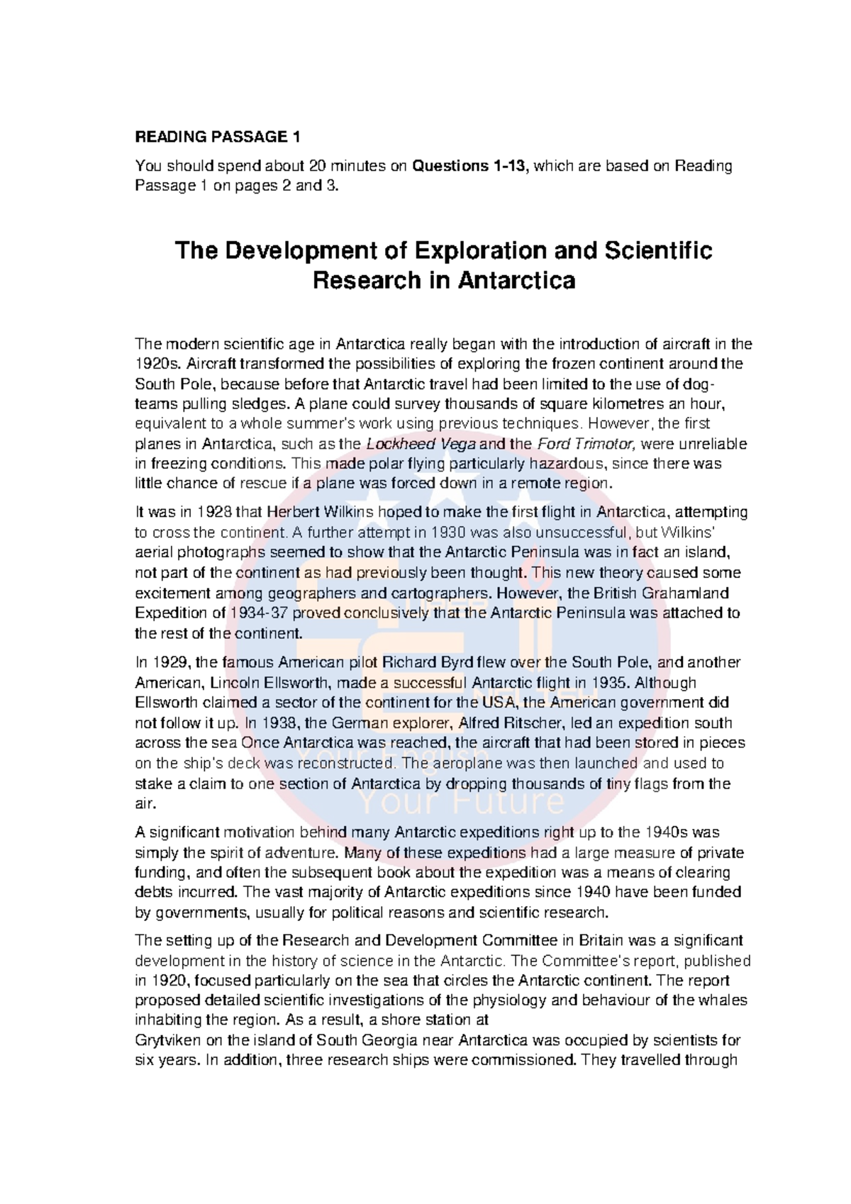 Exploration and Scientific Research in Antarctica: Reading Passage ...