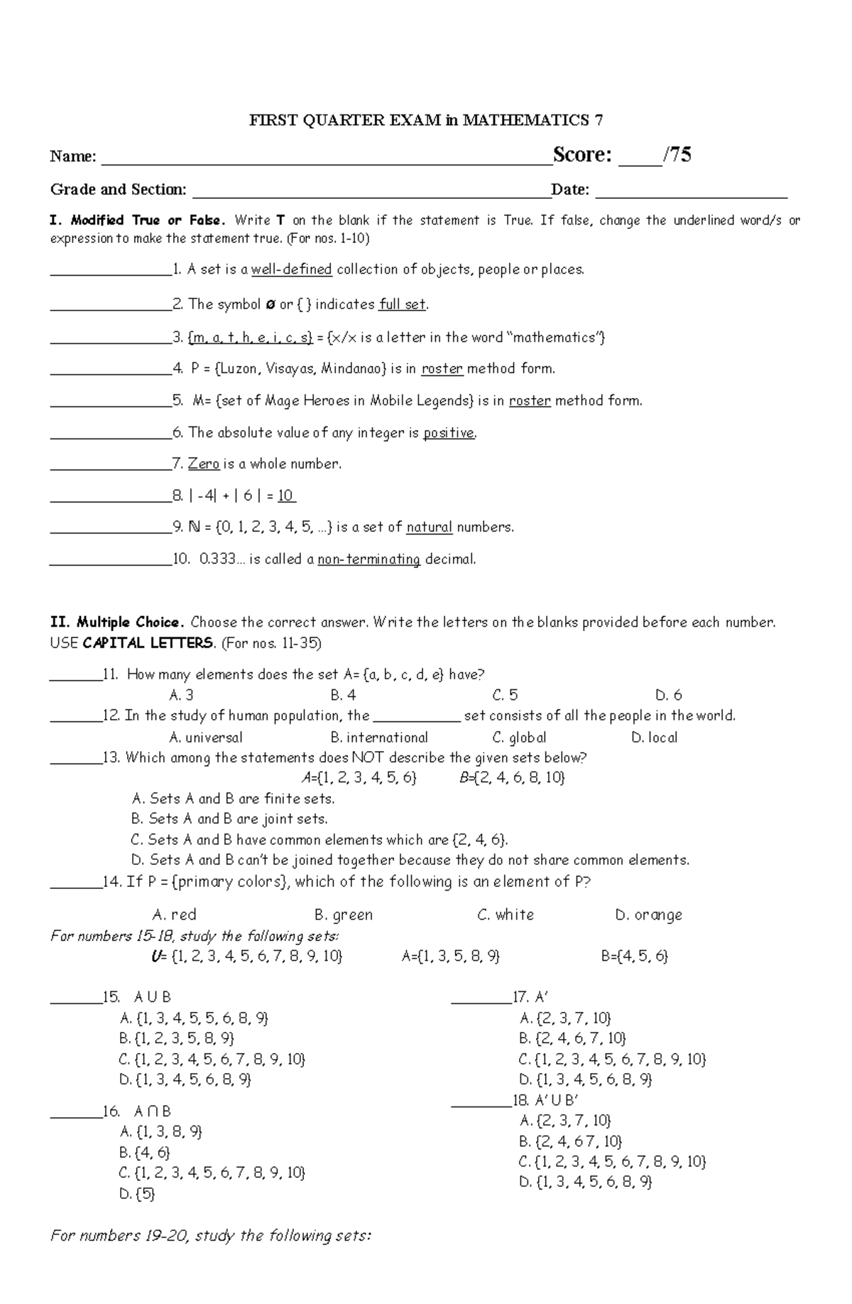 424959081 Math 7 First Quarter Exam Review and Questions - Studocu