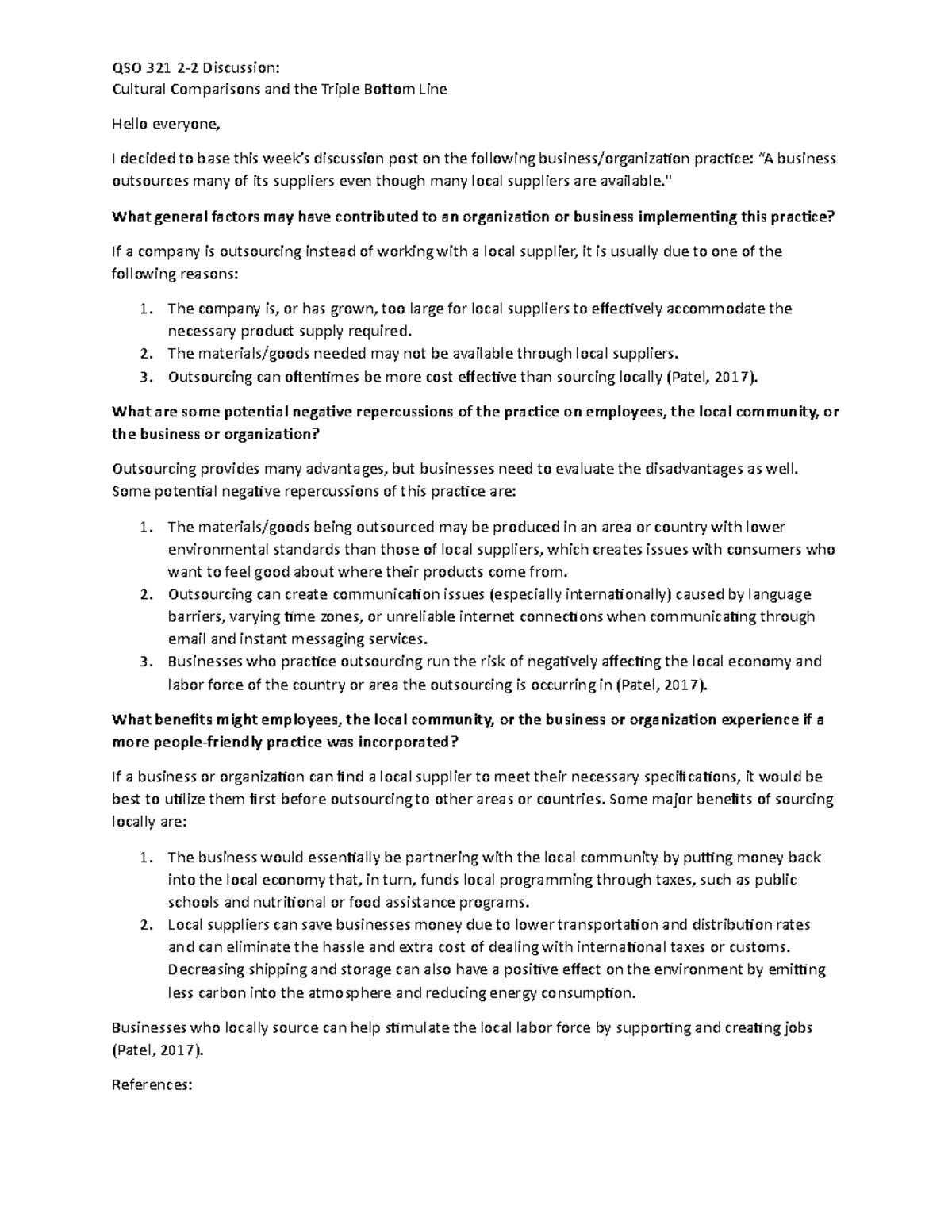 QSO 321 2-2 Discussion: Outsourcing vs. Local Sourcing Impact Analysis ...