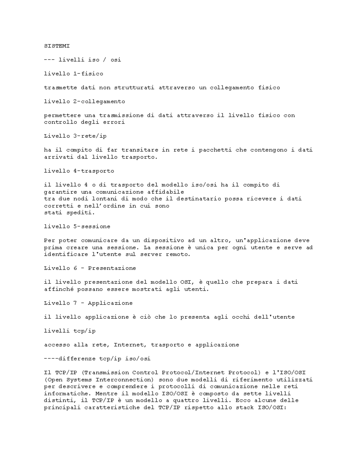 Riassunto Completo sui Sistemi: Modelli ISO/OSI e TCP/IP - Studocu