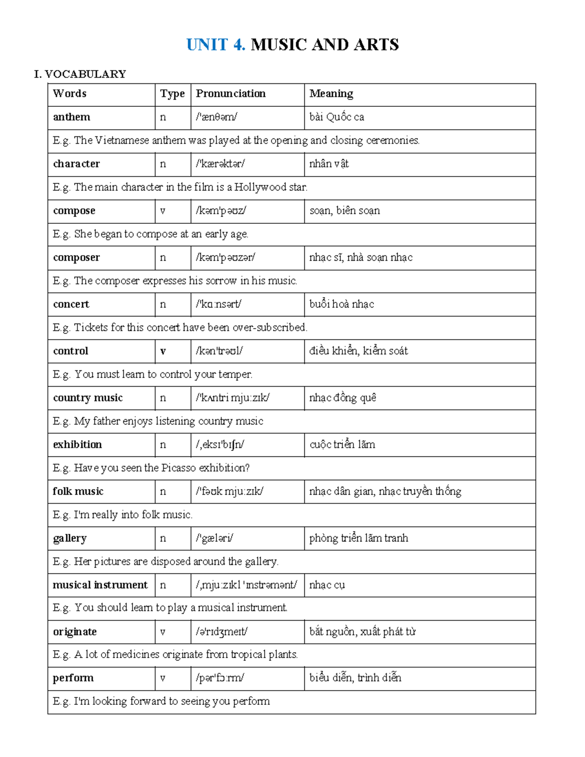 UNIT 4. MUSIC AND ARTS I: VOCABULARY & GRAMMAR EXERCISES - Studocu
