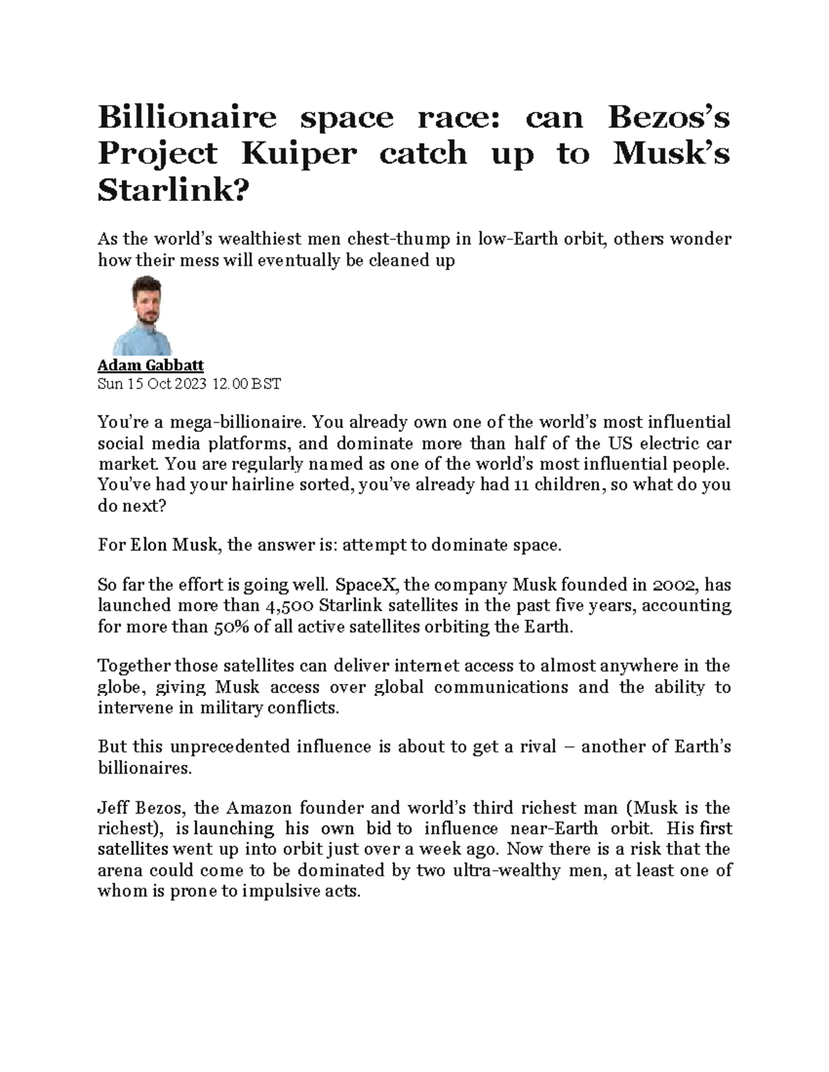 Billionaire Space Race: Project Kuiper vs. Starlink Analysis - Studocu