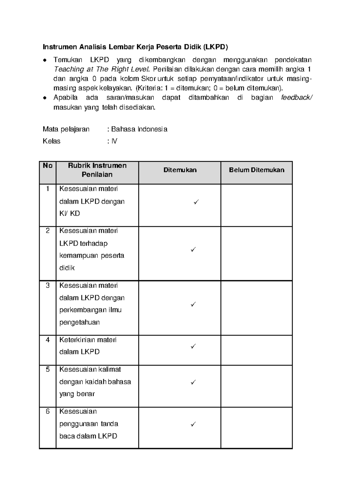 Analisis LKPD: Penilaian & Umpan Balik untuk Kelas IV Bahasa Indonesia - Studocu