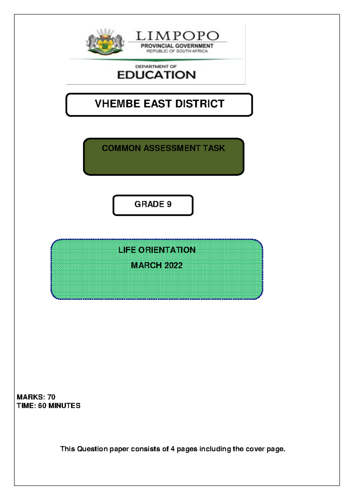 2022 LO Grade 9 Common Assessment Task - March Exam (70 Marks) - Studocu