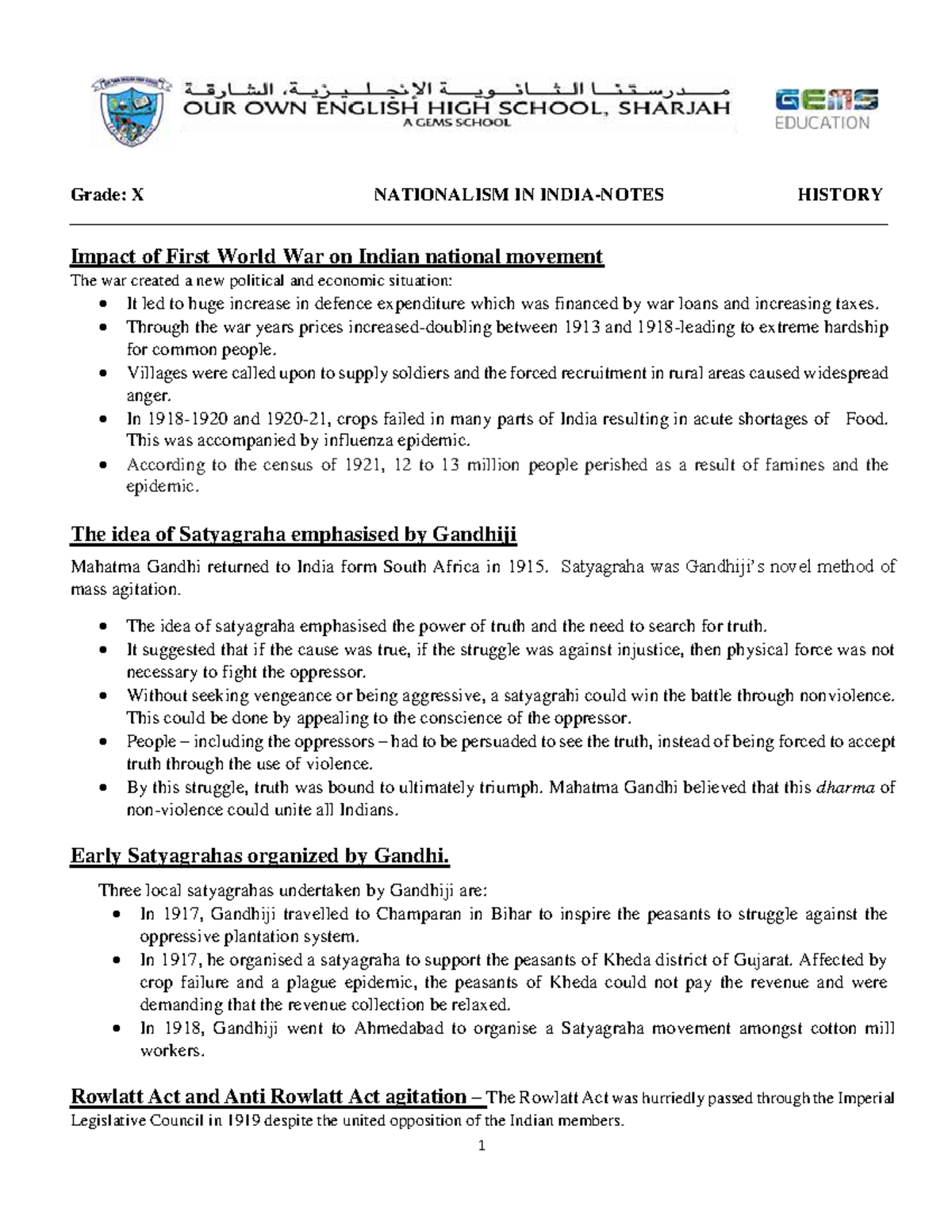 10-Nationalism in India: Impact of WWI on the National Movement - Studocu