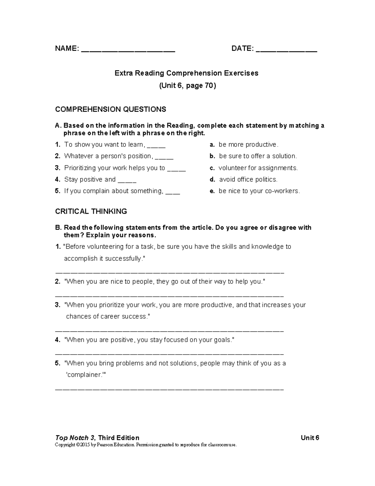 Review Unit 6 and extra reading comprehension - Top Notch, 3 Third Edition Unit 6 Copyright 2015 ...