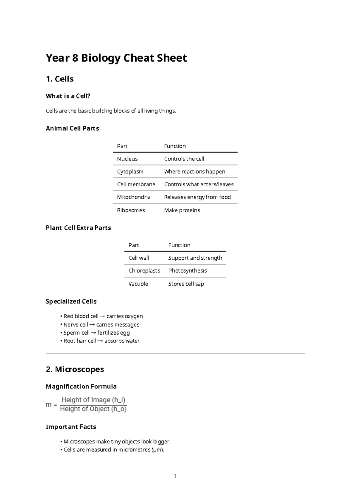 Year 8 Biology Cheat Sheet: Cells, Systems & Functions - Studocu