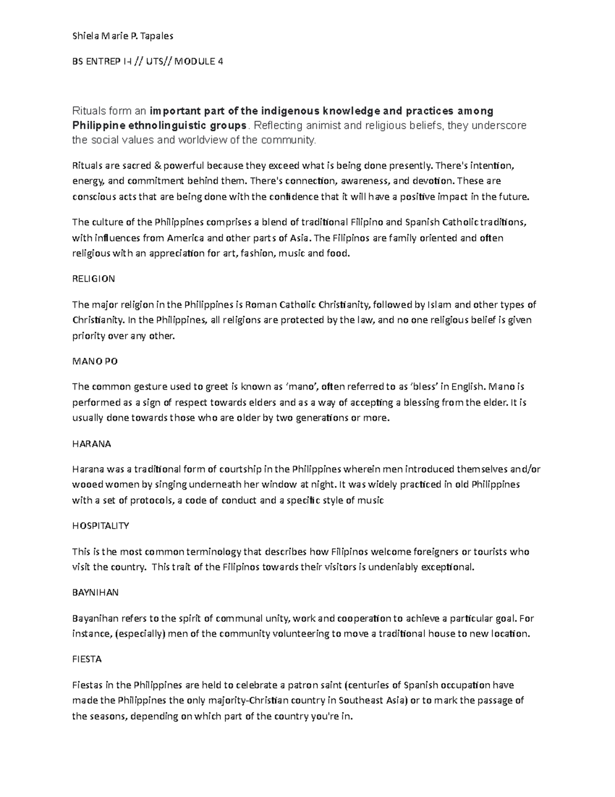 UTS Refcelction Filipino Rituals - Shiela Marie P. Tapales BS ENTREP I ...