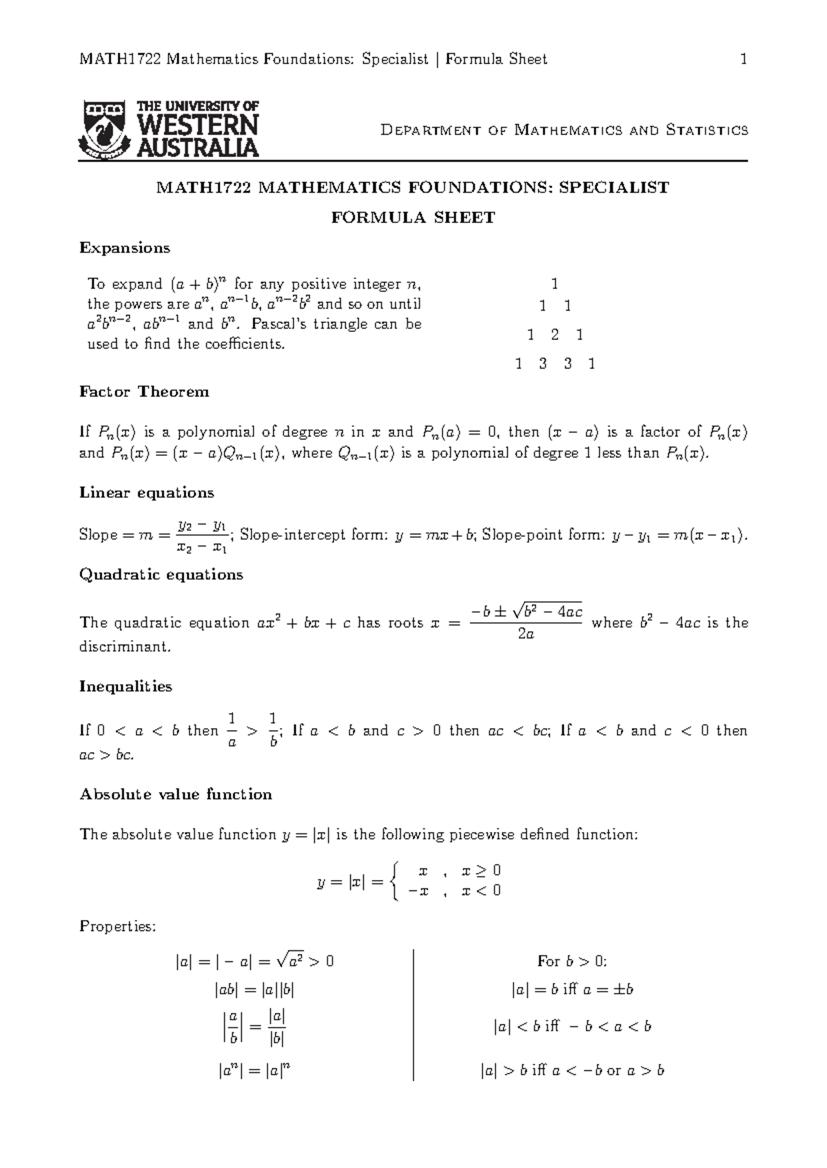 MATH1722 Final Exam Formula Sheet: Key Topics & Concepts - Studocu