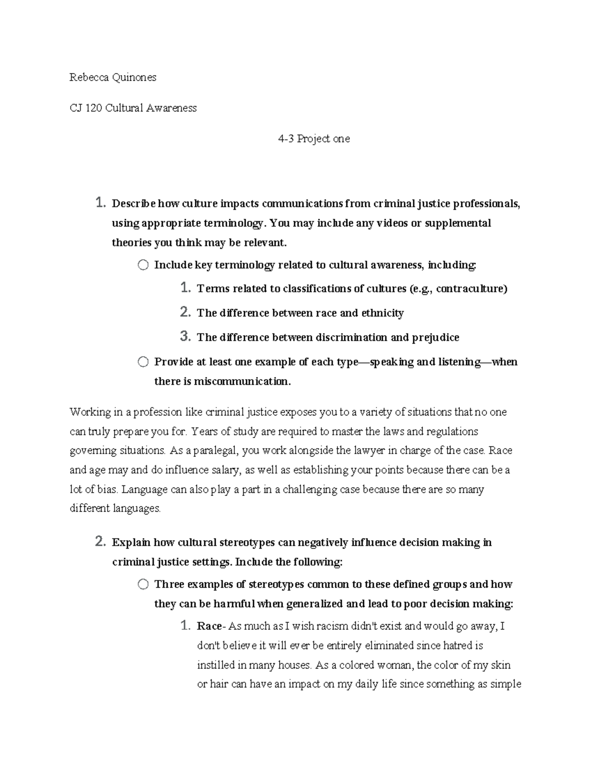 CJ 120 4-3 Project: Cultural Influence on Criminal Justice ...