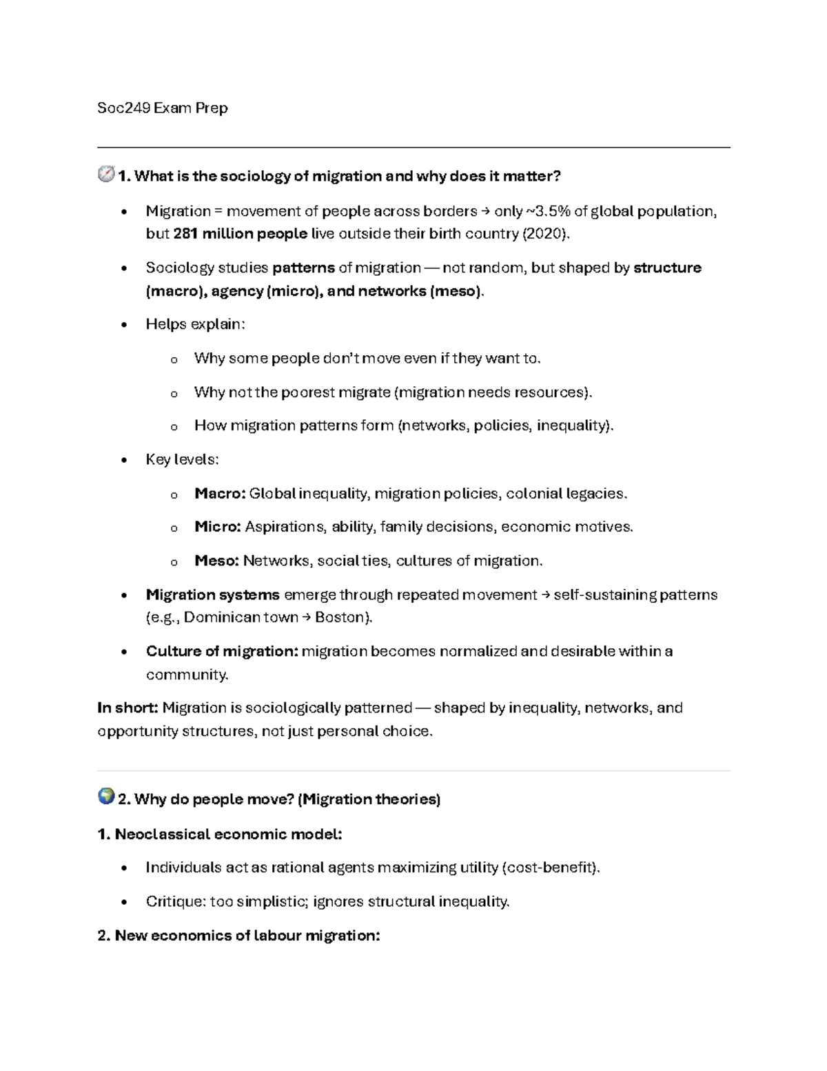 Soc249 Exam Prep: Understanding Migration Theories and Impacts - Studocu