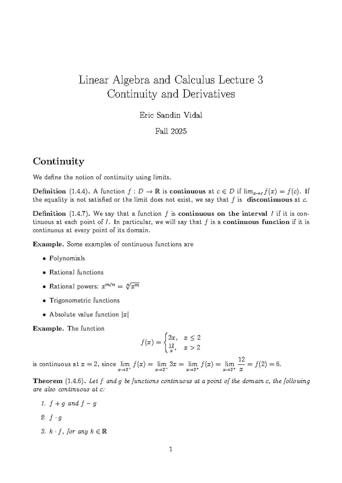 Linear Algebra and Calculus Lecture 3: Continuity & Derivatives Notes ...