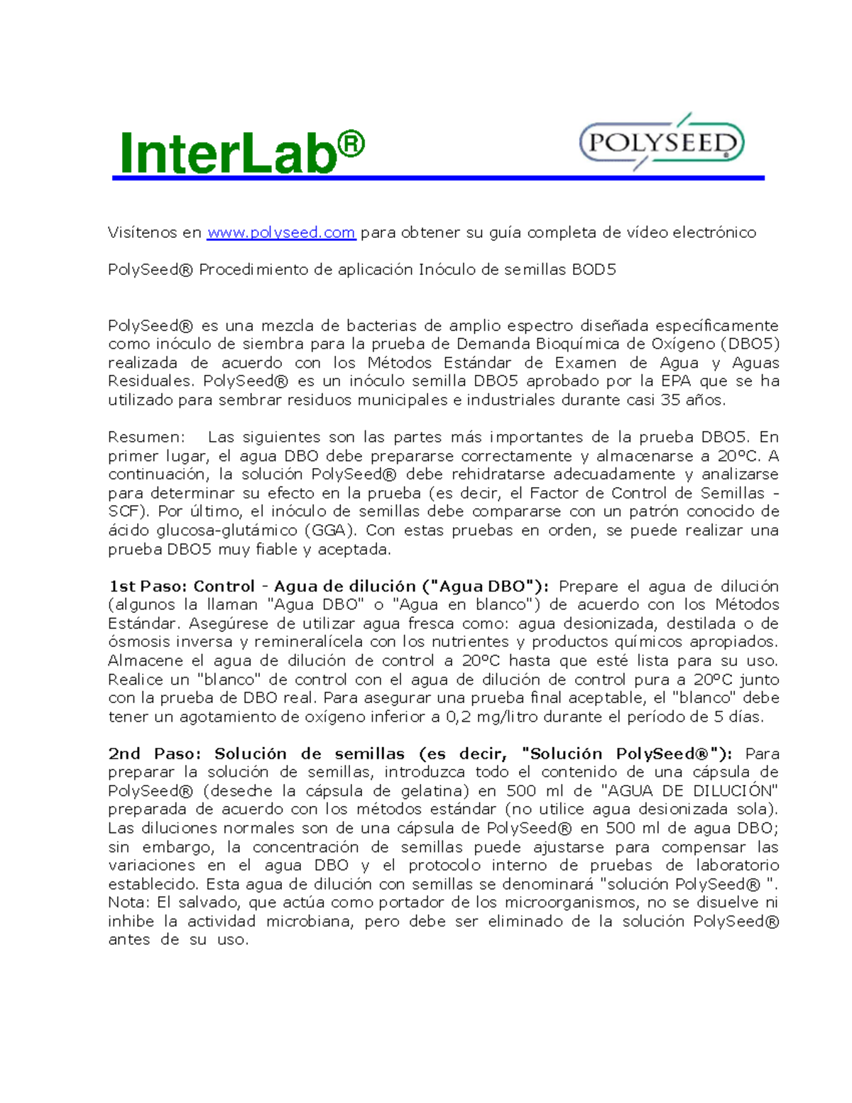 Procedimiento de Aplicación de PolySeed® para DBO5 2023 - Studocu