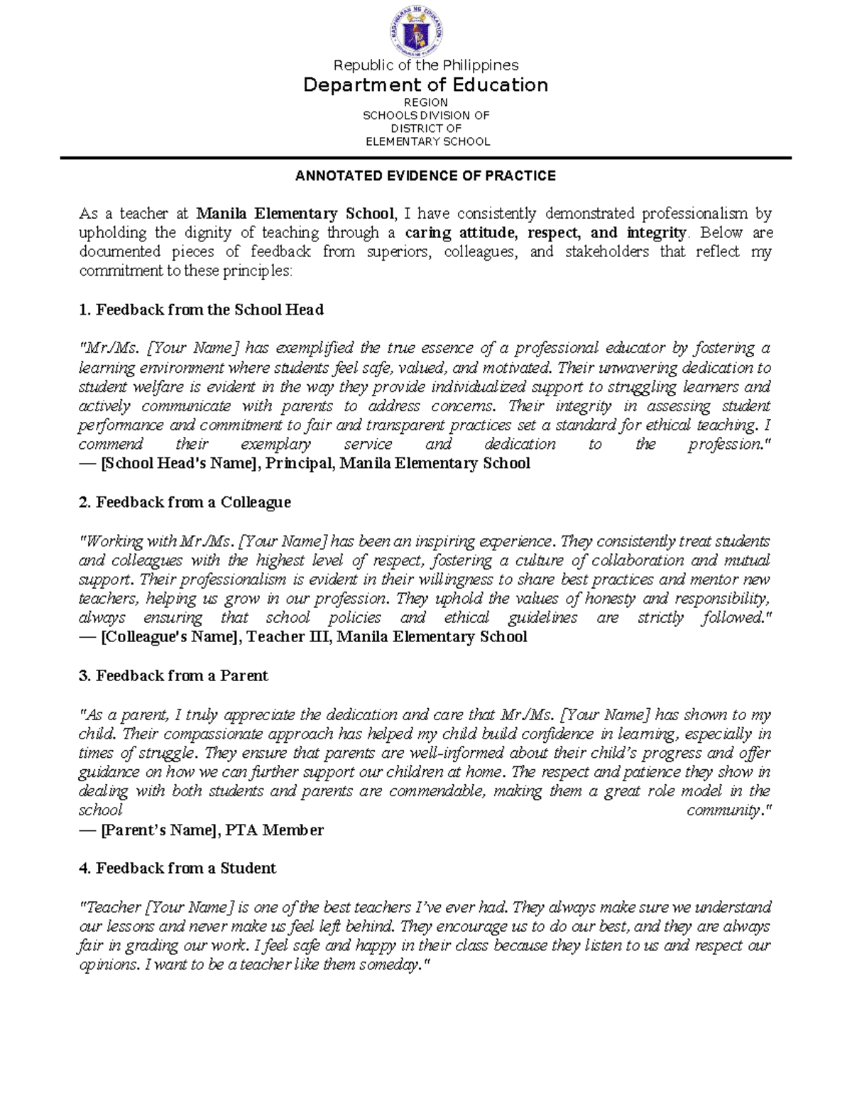 Annotated Evidence of Practice: Professionalism in Teaching at Manila ...