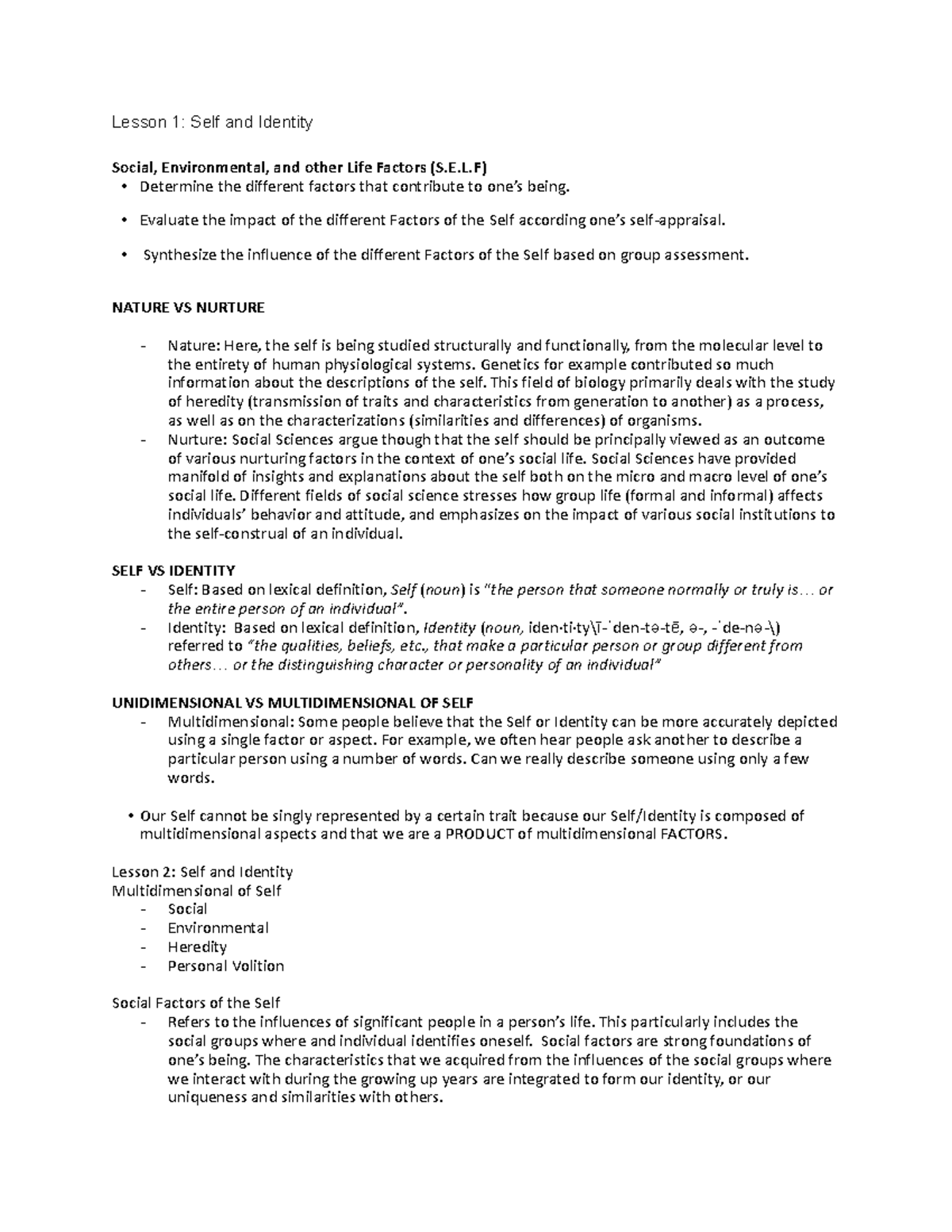 GED 1011: Lesson 1 - Self and Identity Factors in Life - Studocu