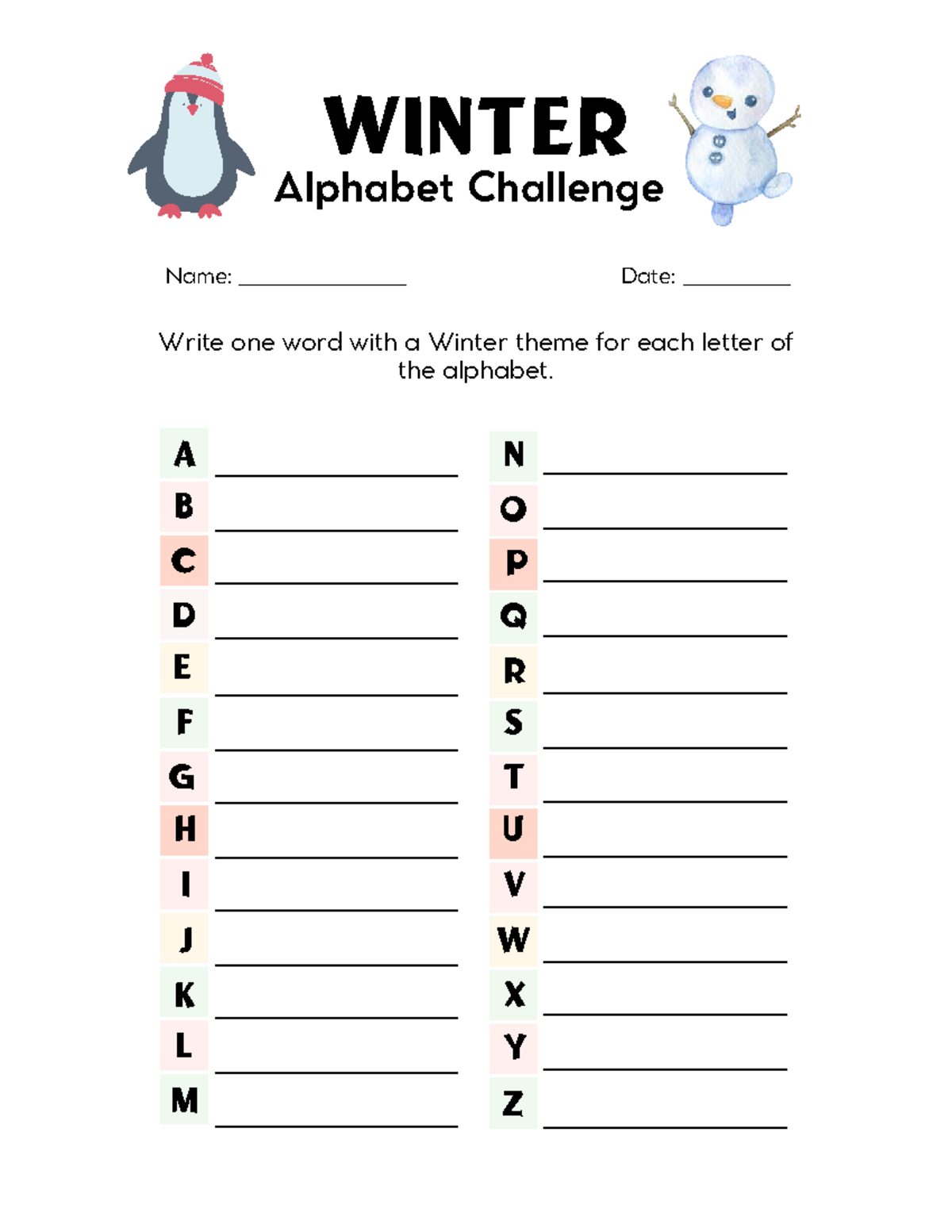 Winter Alphabet Challenge Worksheet in Yellow White Orange Simple Style ...