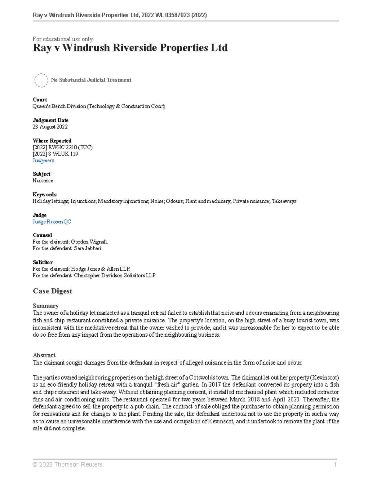 Ray v Windrush Riverside Properties Ltd: 2022 Nuisance Case Summary - Studocu