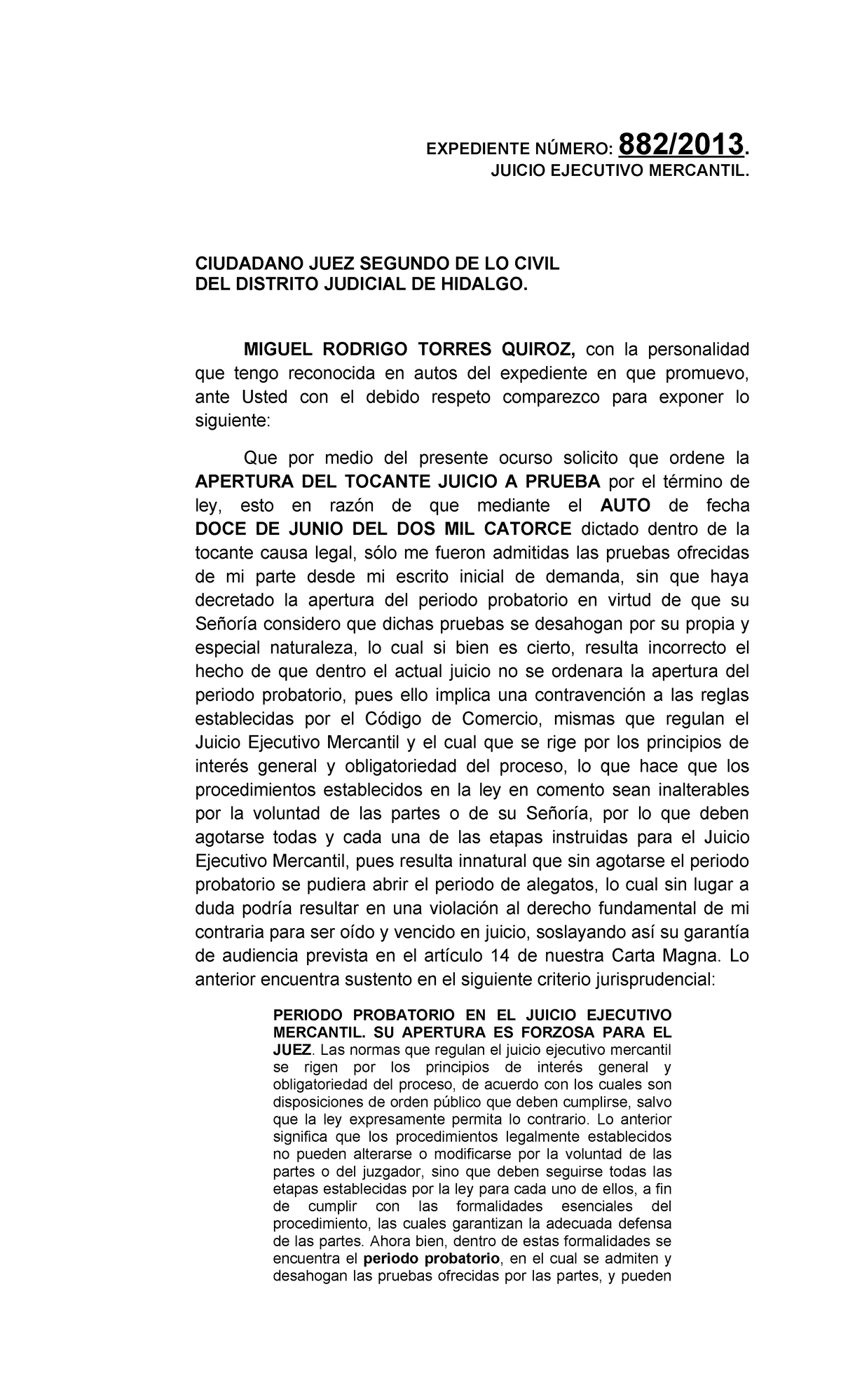 Escrito para Solicitar Apertura del Periodo Probatorio en Juicio ...