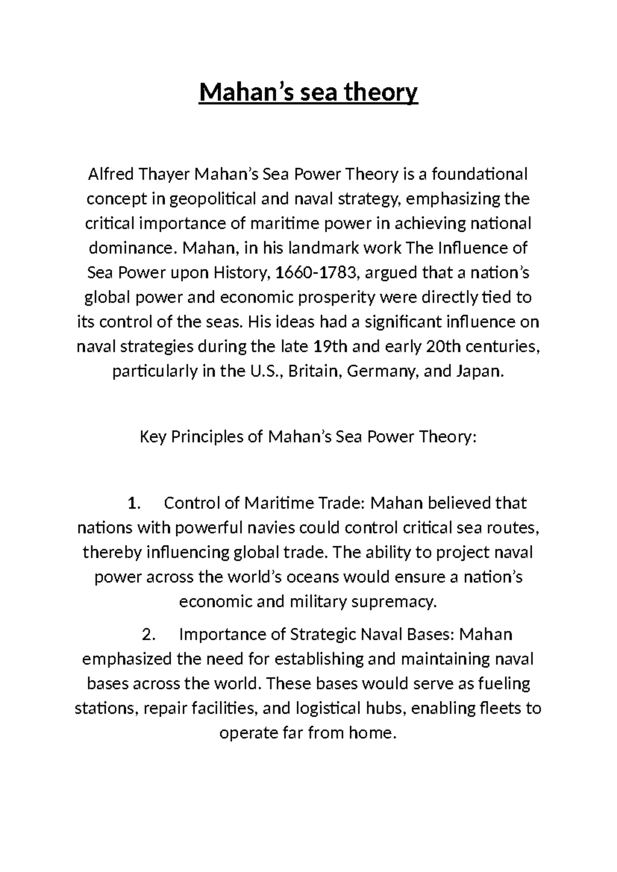 Mahan's Sea Power Theory: Key Principles & Global Impact Notes - Studocu