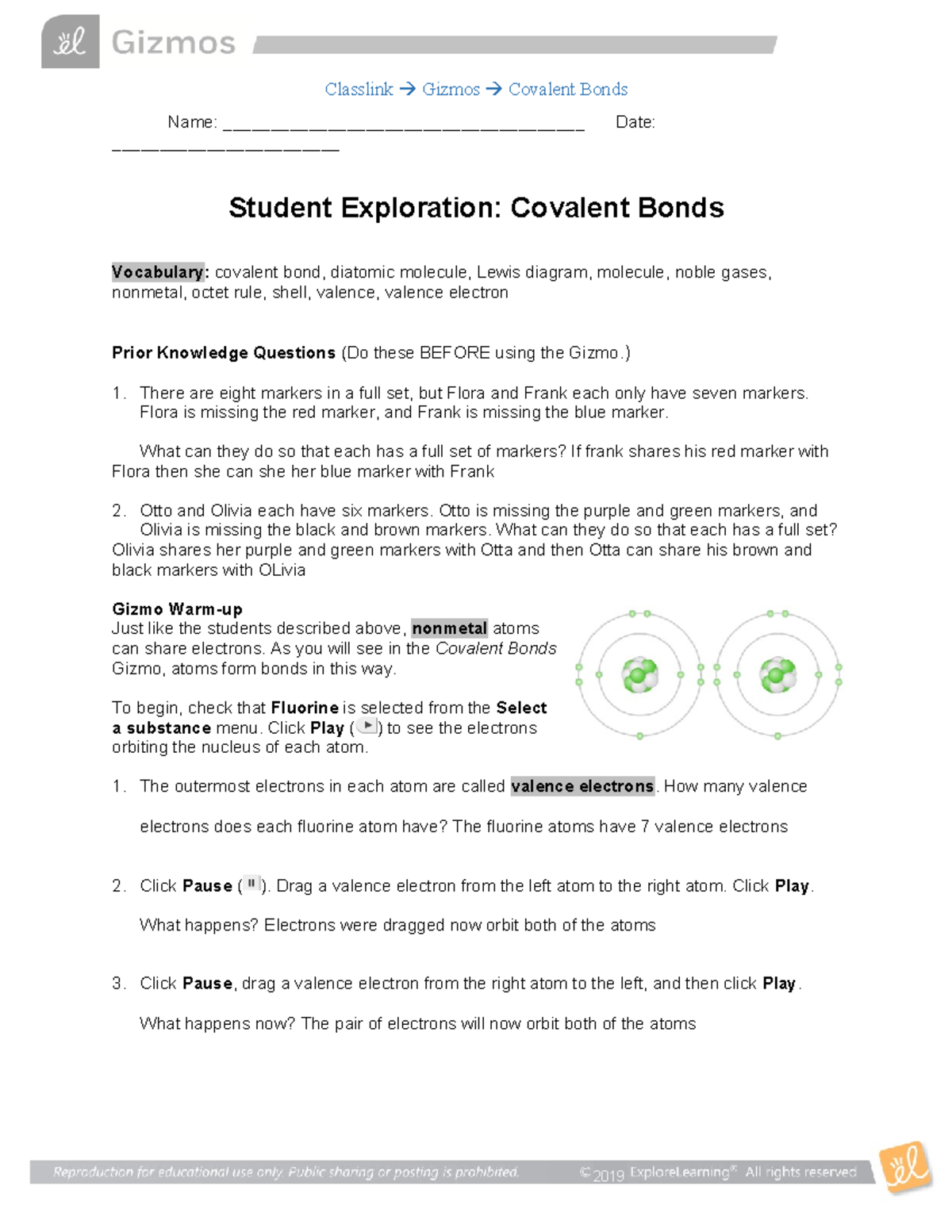 Gizmo SE: Exploring Covalent Bonds Concepts & Activities - Studocu