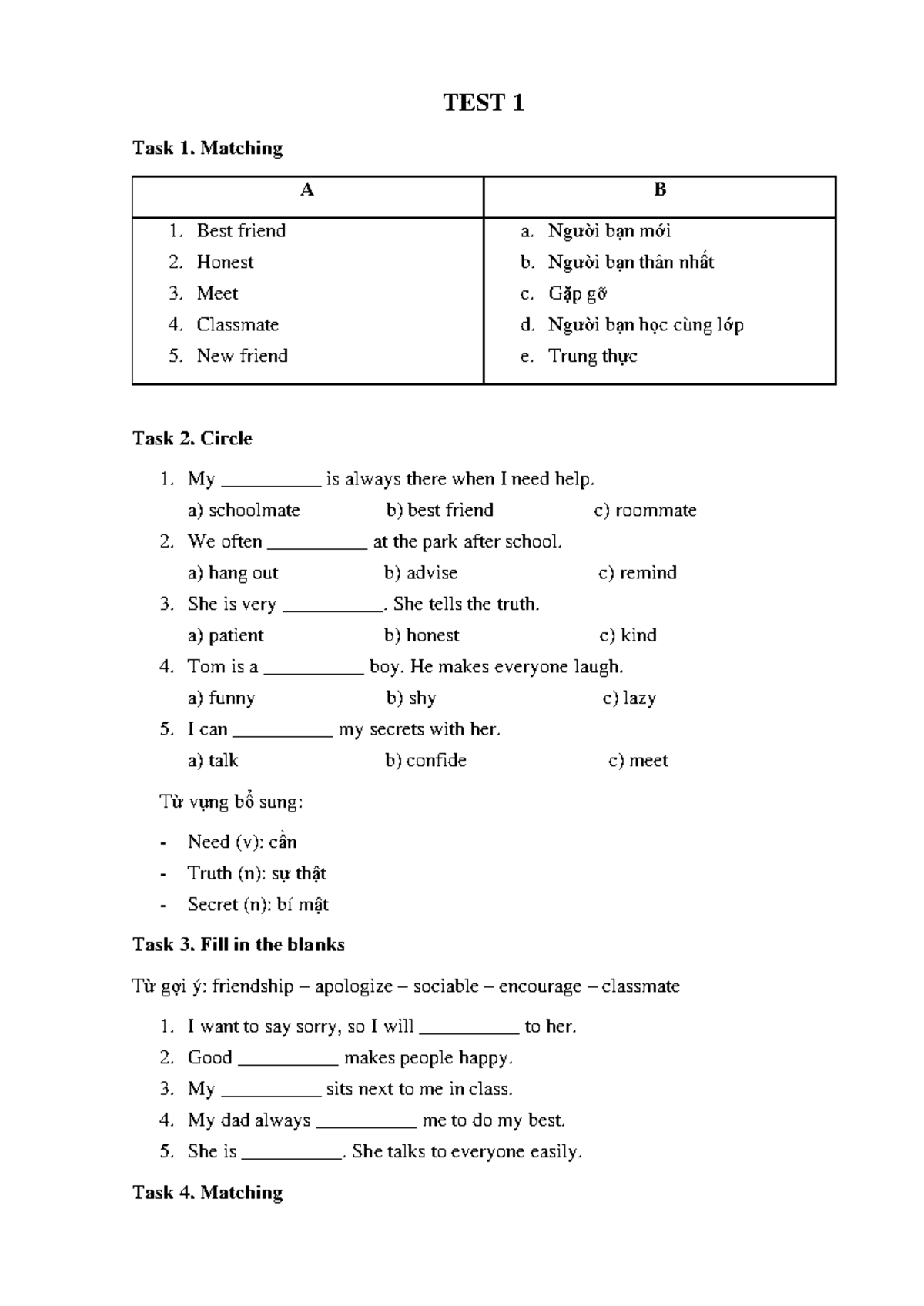 TEST 1 - Matching and Fill-in-the-Blank Exercises - Studocu