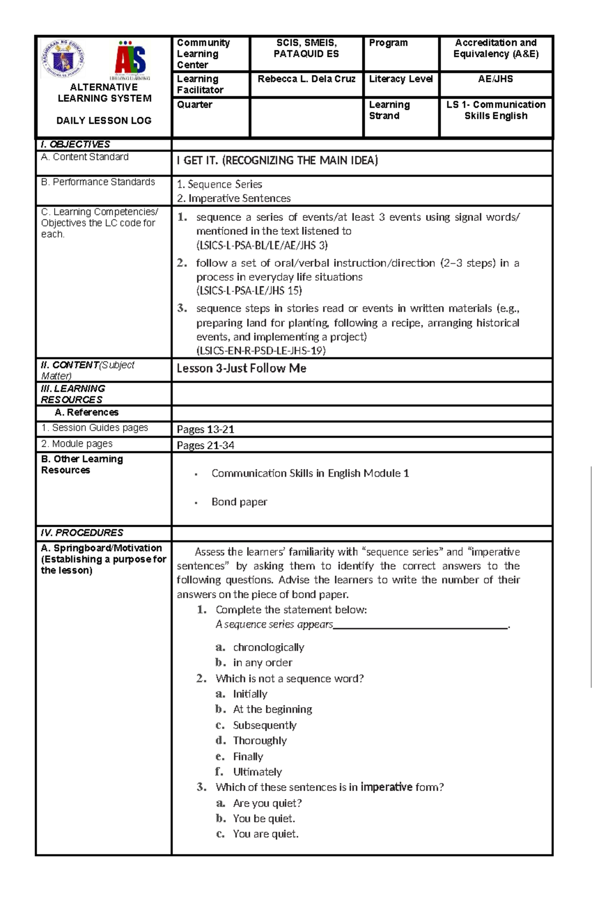 LP LS1 ENG M 1 L3 - ALS Daily Lesson Log on Sequencing Skills - Studocu