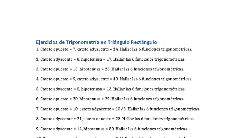Ejercicios de Trigonometría en Triángulos Rectángulos 1er Semestre - Studocu