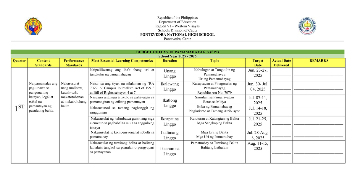 SPJ 7: Budget Outlay for Quarter 1 - Campus Journalism Standards - Studocu
