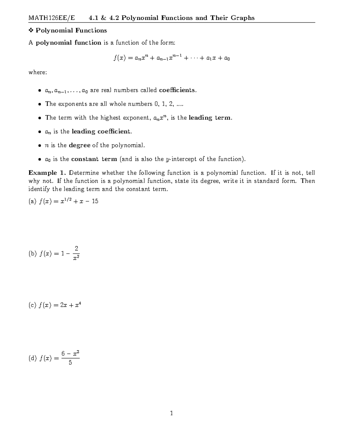MATH126EE/E Polynomial Functions: Concepts, Graphs & Examples - Studocu