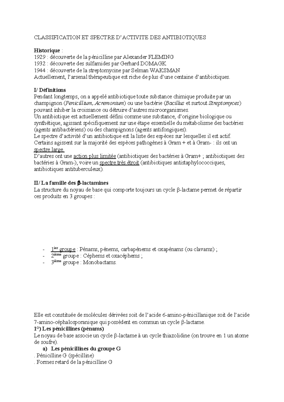 Classification et spectre des antibiotiques en médecine - Studocu