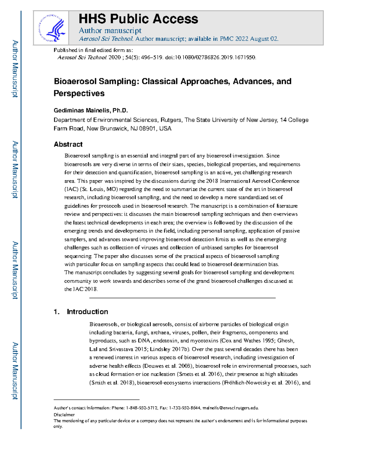 Bioaerosol Sampling - Department of Environmental Sciences, Rutgers ...