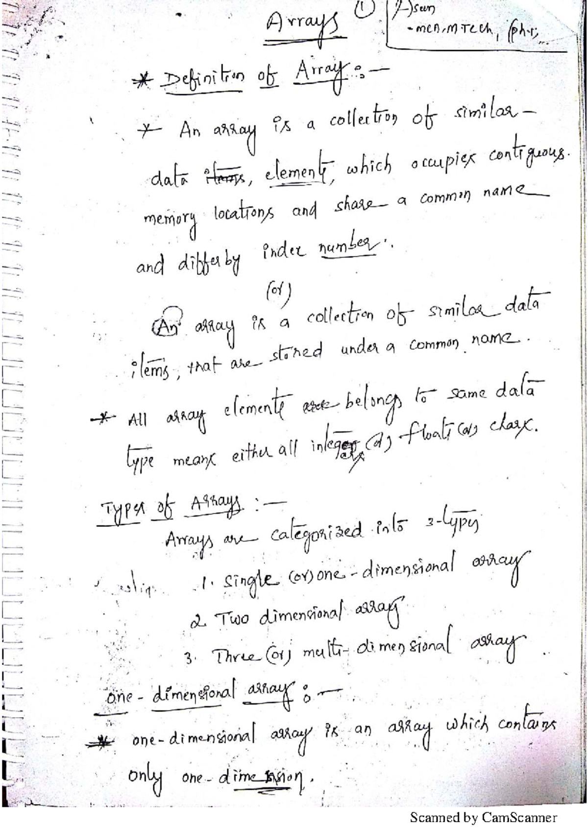 Arrays (MCA Tech ISE) - Definition, Types, and Initialization - Studocu